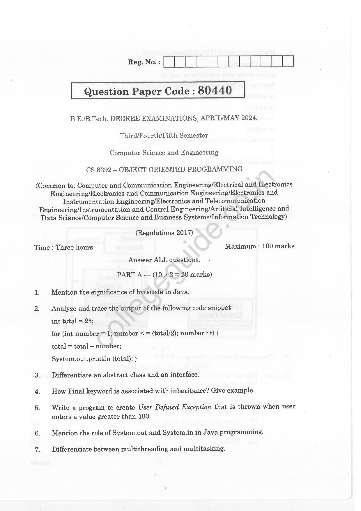 CS8392 Object Oriented Programming R2017 Anna University Question Paper April/May 2024 | College ...