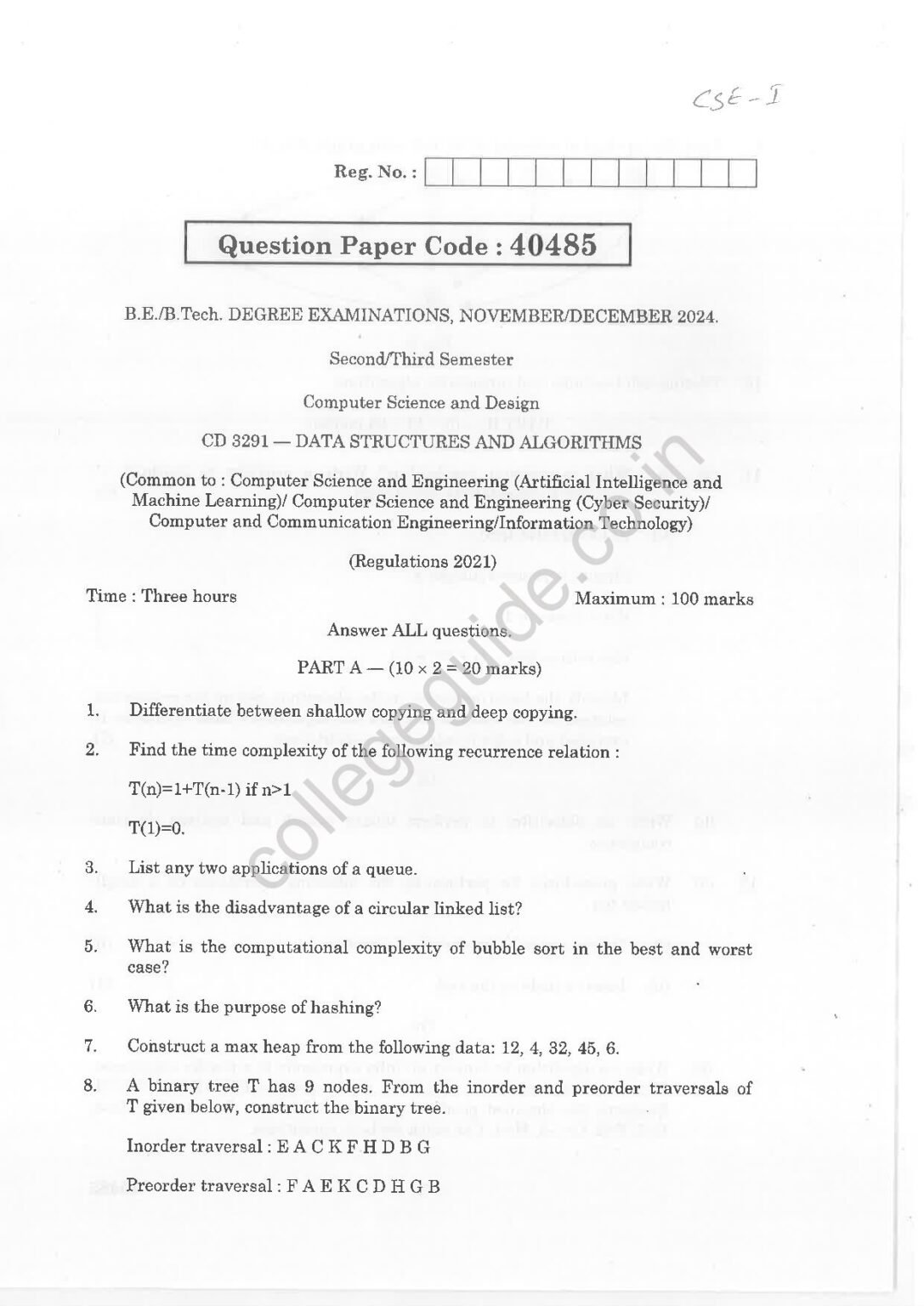 CD3291 Data Structures and Algorithms R2021 Anna University Question ...