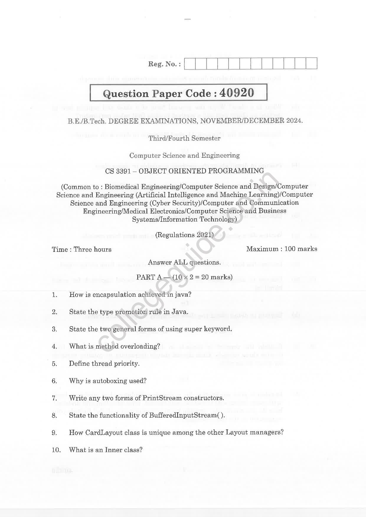 CS3391 Object Oriented Programming R2021 Anna University Question Paper ...